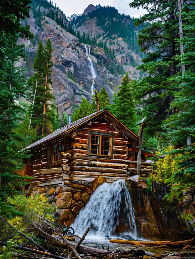 A Small Cabin in the Woods Next To a Waterfall Stock Photo - Image of ...