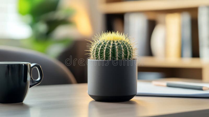 A Small Cactus in a Black Pot on a Desk Stock Illustration ...