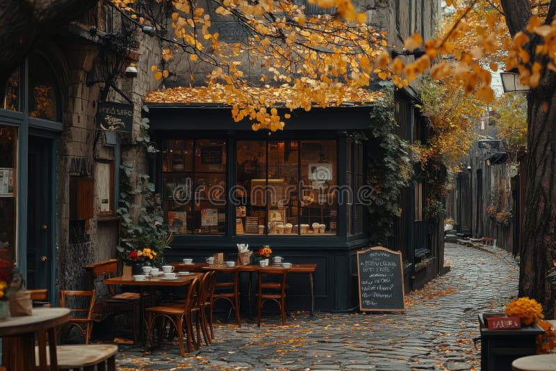 A Small Cafe with a Chalkboard Menu and a Few Tables and Chairs Stock ...
