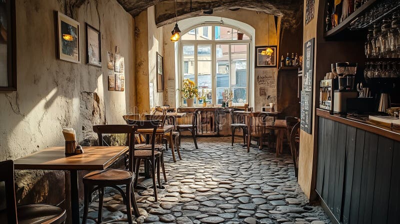 Small Cafe Inside an Ancient Building with Cobblestone Floors and ...