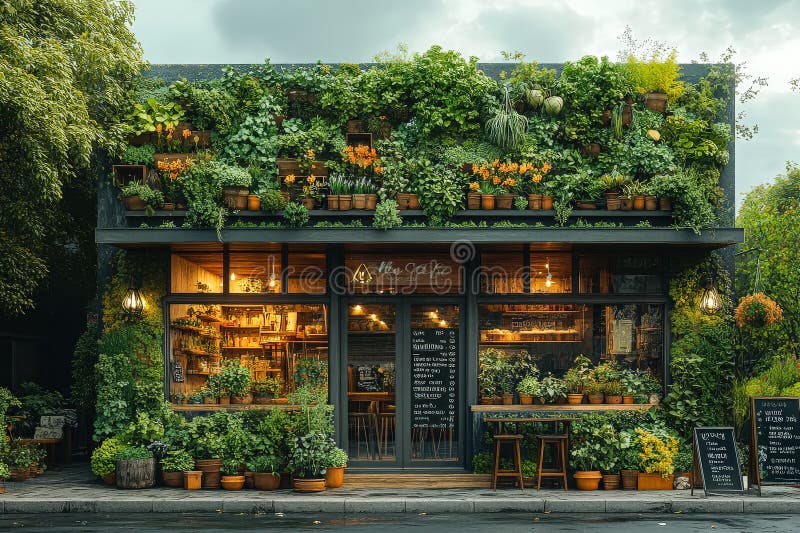Small Cafe with a Lot of Greenery and Plants. Stock Image - Image of ...