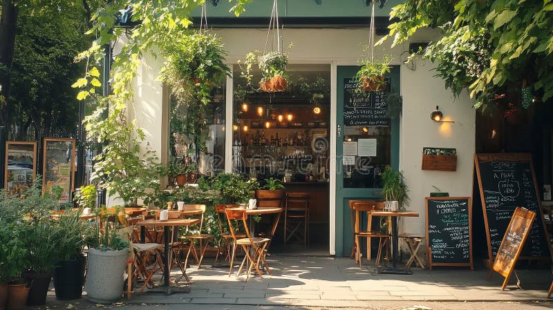 Small Cafe with Outdoor Seating and Hanging Plants. Stock Photo - Image ...