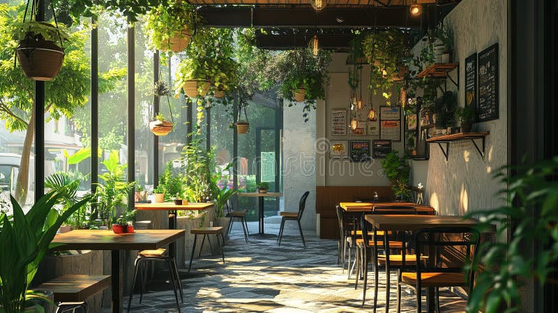 Small Cafe with Outdoor Seating and Hanging Plants. Stock Photo - Image ...