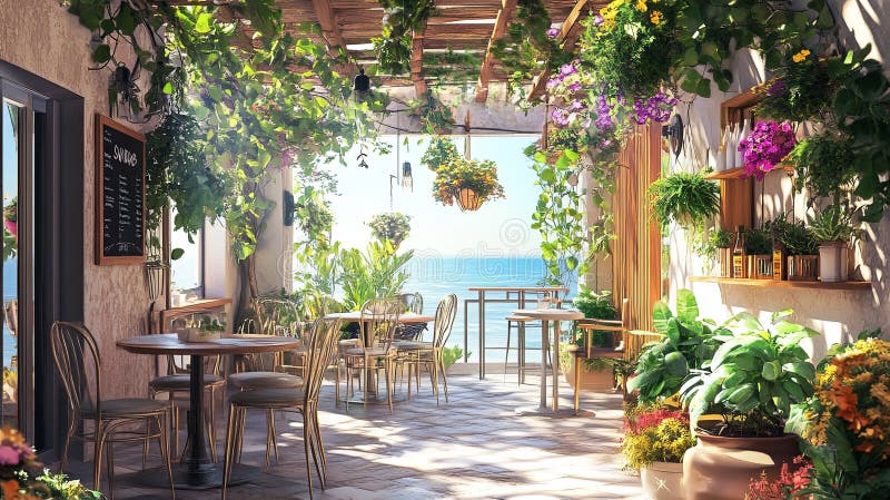 Small Cafe with Outdoor Seating and Hanging Plants. Stock Photo - Image ...