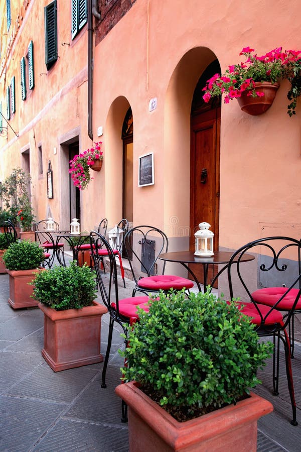 Italian Outdoor Cafe and Wine Bar Stock Photo - Image of flowers, shade ...