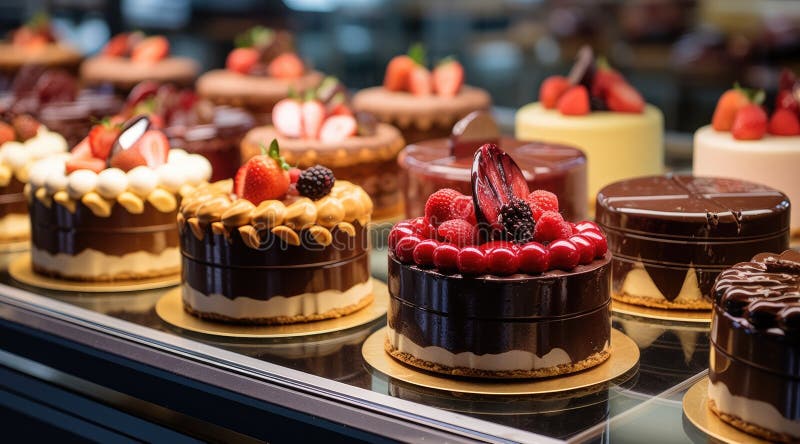 Small Cakes on Display at the Patisserie Counter Stock Illustration ...