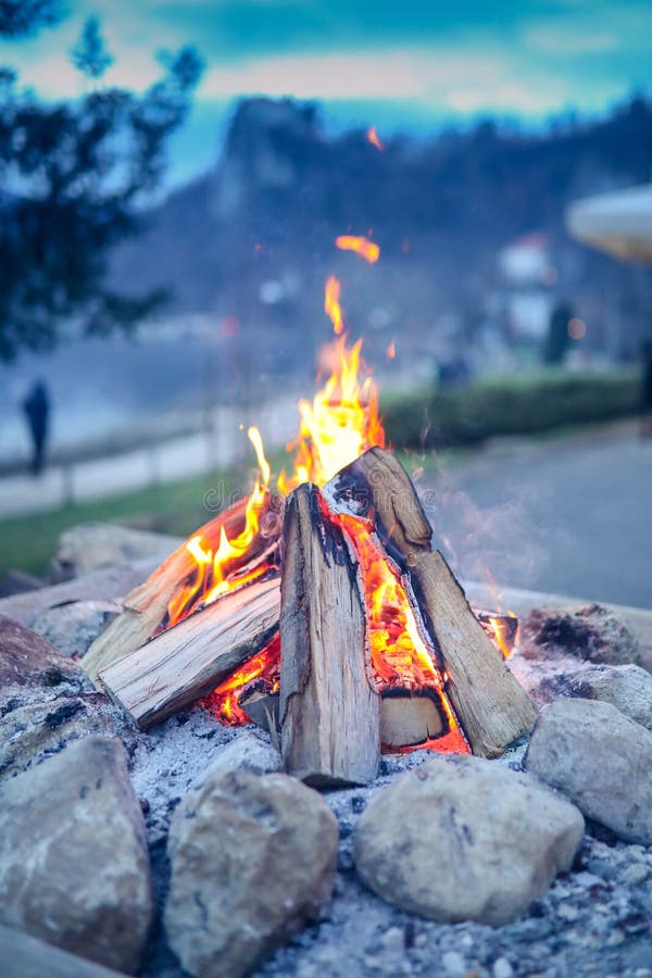 Small Camp Fire with a Pile of Wood at Bled Stock Image - Image of ...