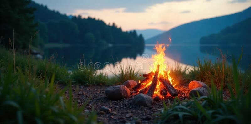 Small Campfire Amidst Tall Grass, Serene Lake Backdrop, Wood, Fire ...