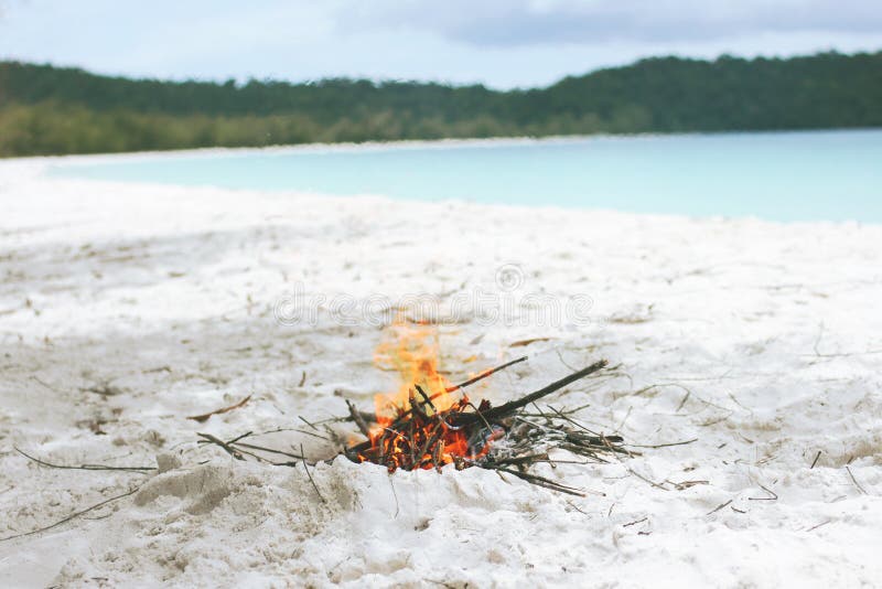Small Campfire on the Wight Sandy Beach during the Summer on Tropical ...