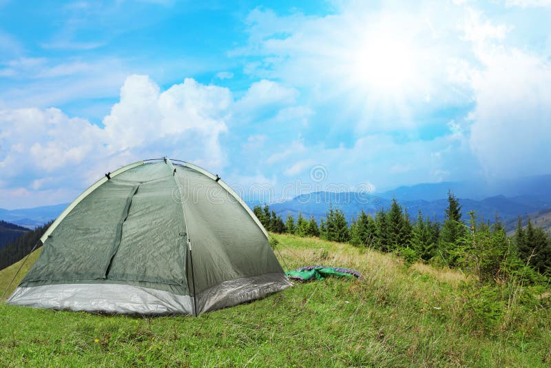Small Camping Tent in Mountains Stock Photo - Image of journey ...