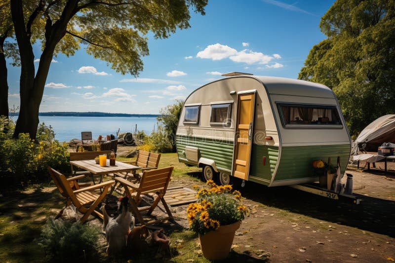 Small Campsite with a Trailer Near a River in the Forest, Rest in the ...