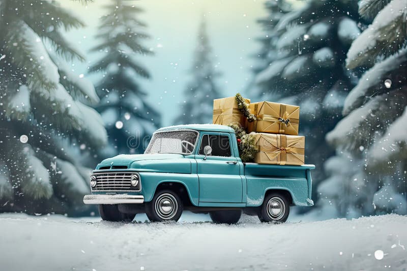 A Small Car Loaded with Presents Against a Christmas Backdrop Stock ...