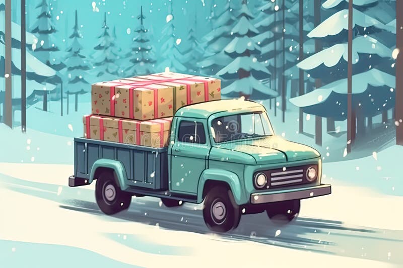 A Small Car Loaded with Presents Against a Christmas Backdrop Stock ...