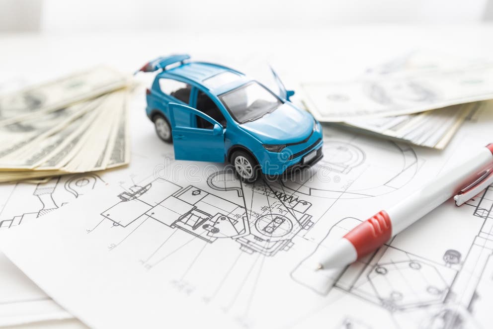 Small Car Model and Blueprint Sheets. Stock Photo - Image of rendering ...