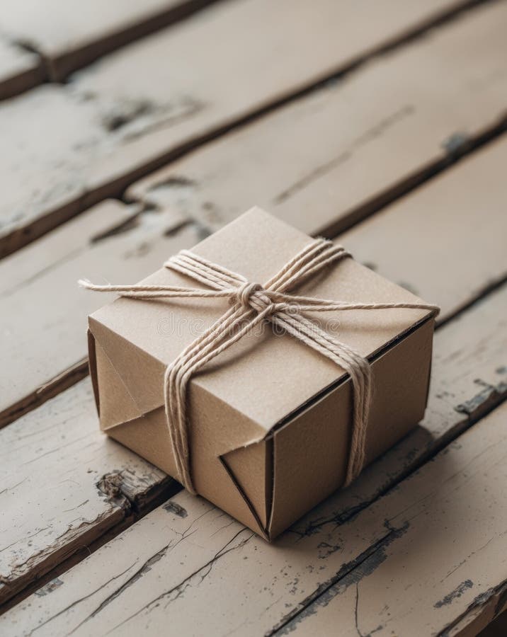 Small Cardboard Box Tied with Twine on Wooden Surface. Stock Image ...