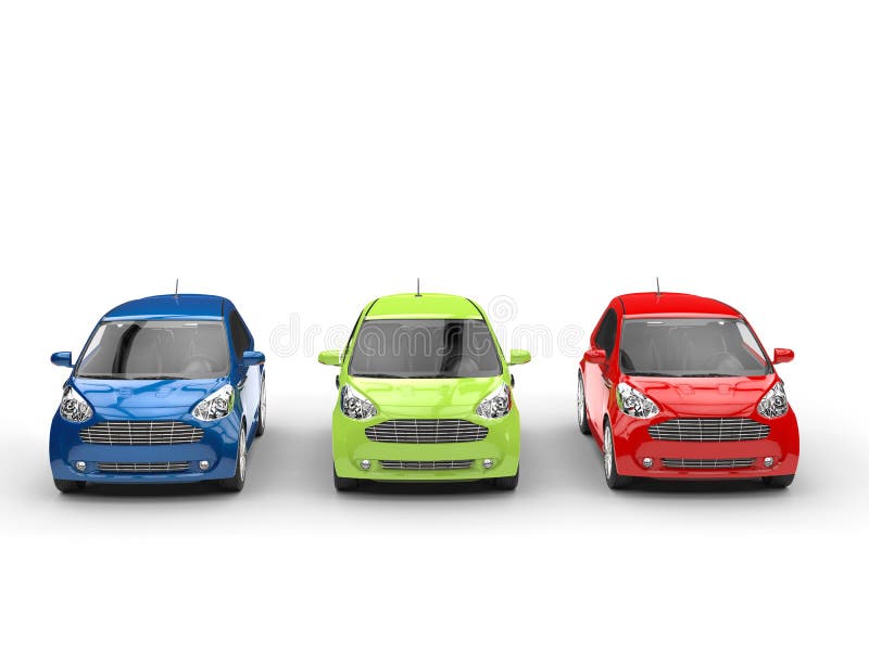 Small Cars In A Row - Red, Green And Blue - Front View Stock Image ...