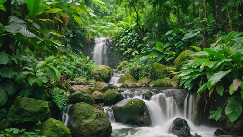 A Small Cascading Waterfall Flowing through a Dense Jungle Landscape ...