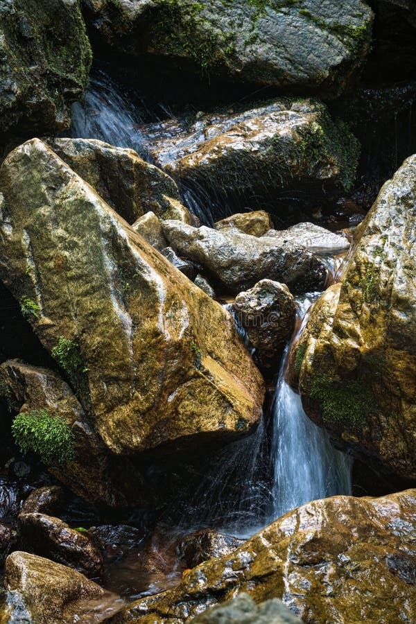 A Small, Cascading Waterfall Flows Gently Over Moss-covered Rocks ...