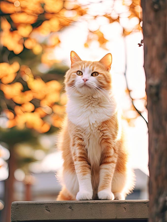 Small Cat Standing on the Pillar Next To the Tree Stock Image - Image ...