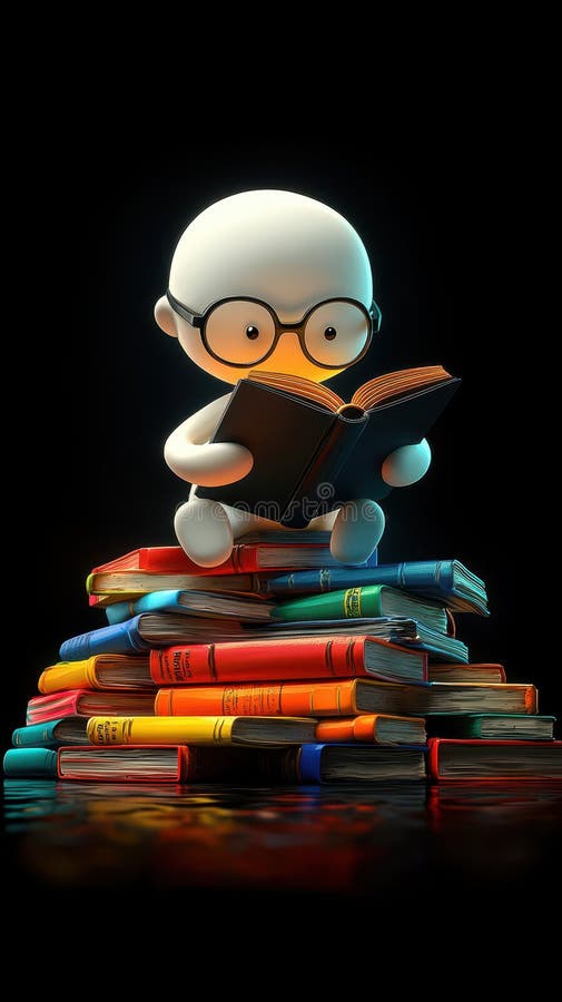 Small Character Reading a Book while Sitting on a Colorful Book Stack ...