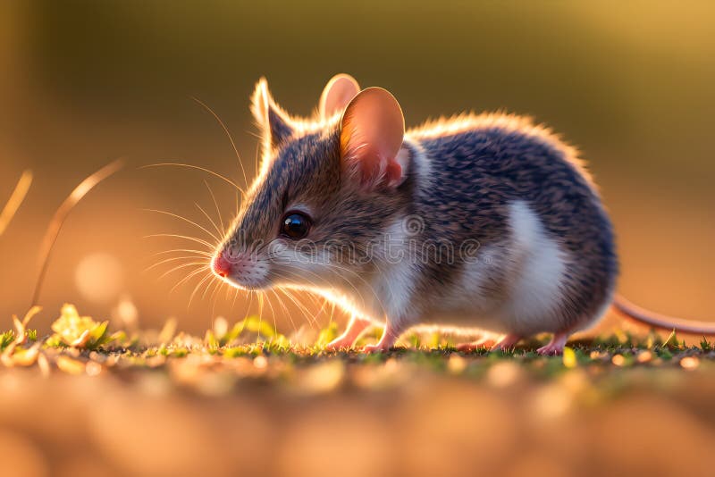 A Small and Charming Mouse Roams the Lush Meadow, Illuminated by the ...