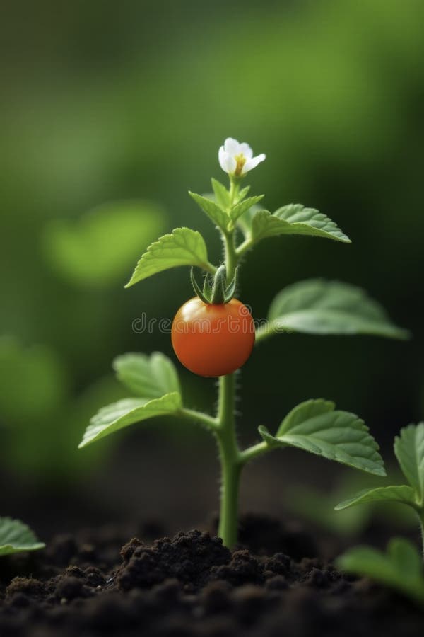 Small Cherry Tomato Plant with a Single White Flower on it, Garden ...
