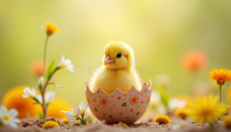 Small Chicken Just Hatched from Egg Sitting in Half Shell Decorated ...