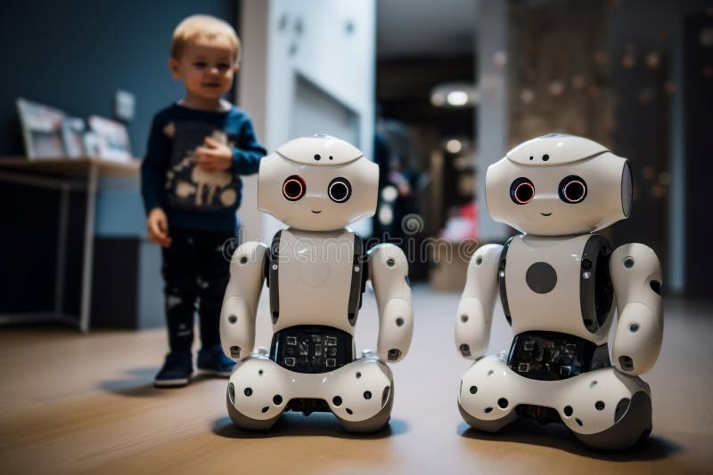 Small Child with Artificial Intelligence Android Robots. Stock ...