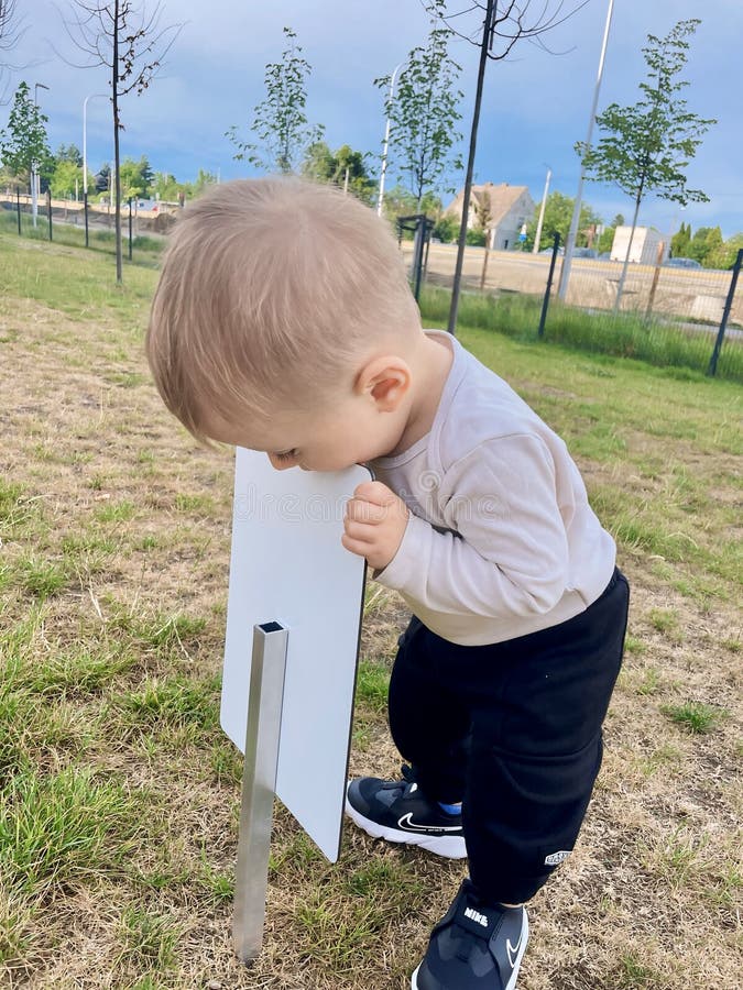 A Small Child Examines an Information Board on a Playground Stock Image ...