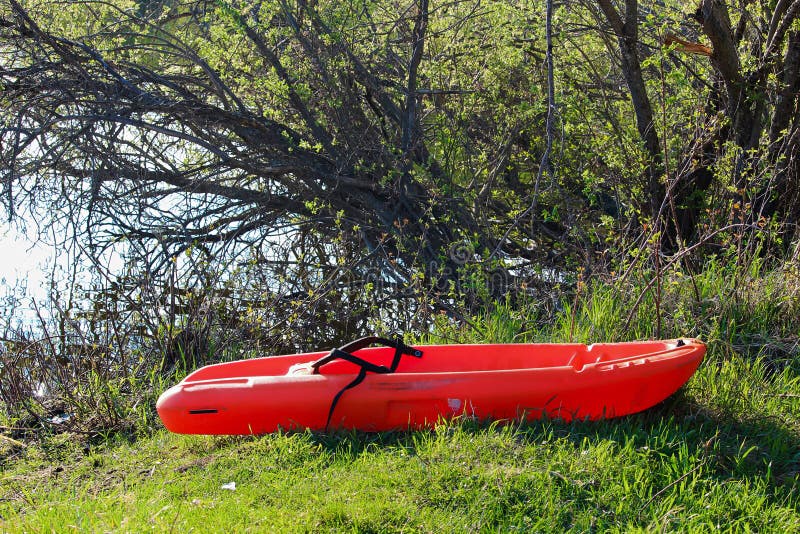 A Small Child Kayak Pulled Up on the Lake Shore Edge Stock Image ...