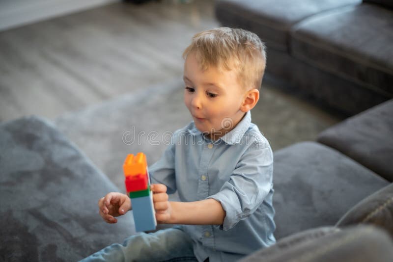 A Small Child Plays with Blocks. the Boy Sits on the Sofa and Builds a ...