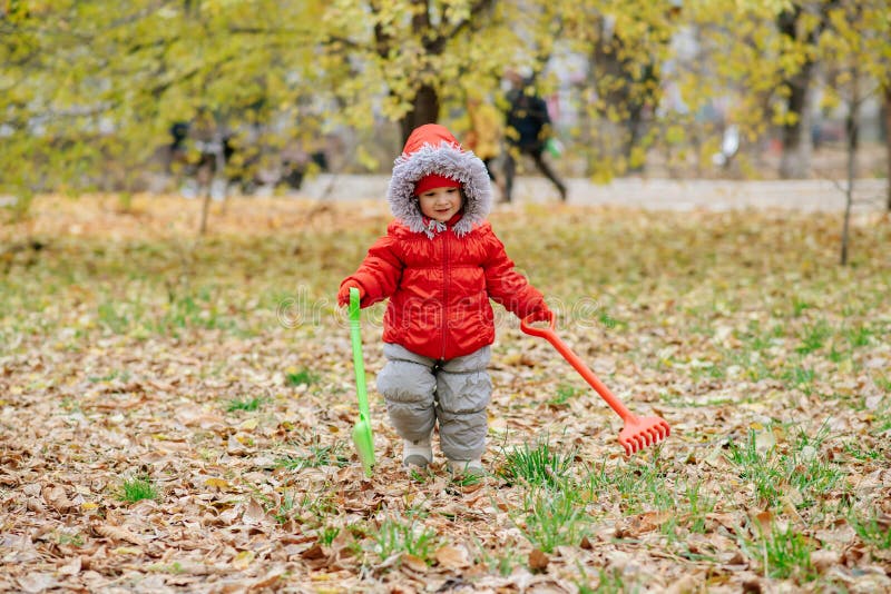 A Small Kid with a Rake and a Shovel Walks in the Park Stock Photo ...
