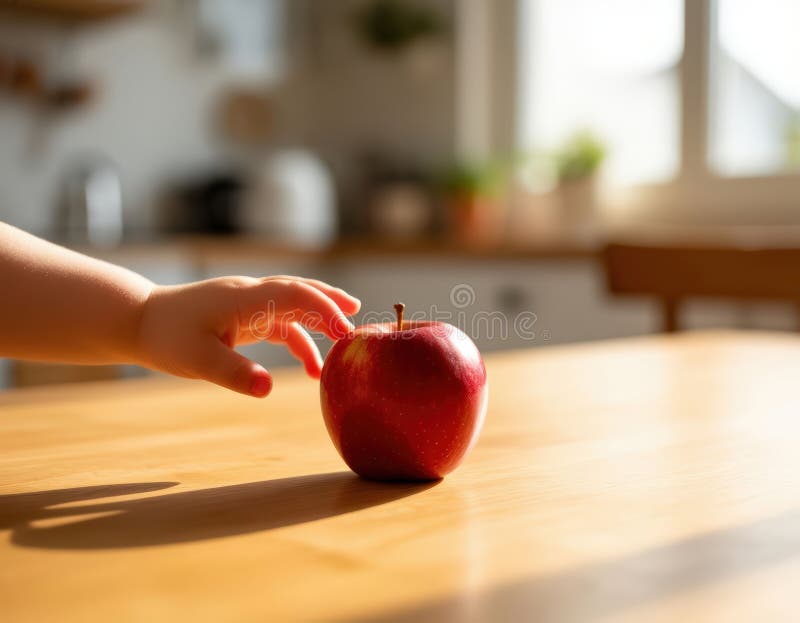 Small Child’s Hand Reaching for a Red Apple on a Kitchen Table in Soft ...