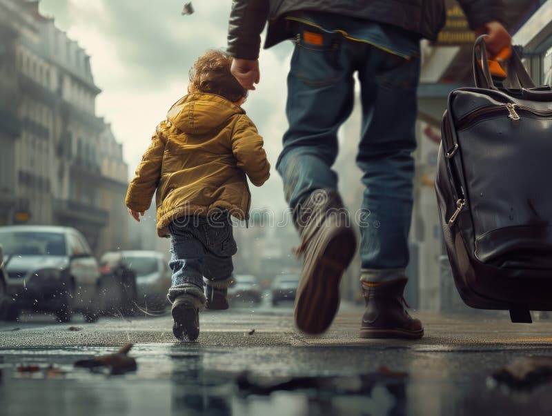 Small Child Walking Down Street Next To Man. Generative AI. Stock ...