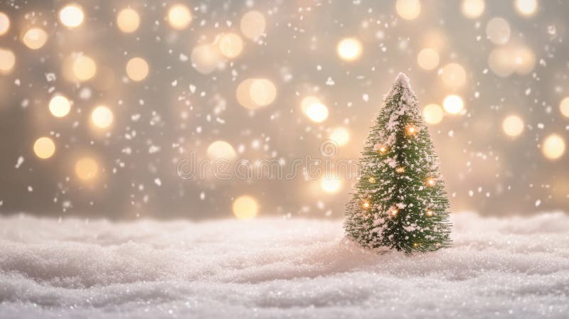 A Small Christmas Tree is in the Snow with Lights, AI Stock Photo ...