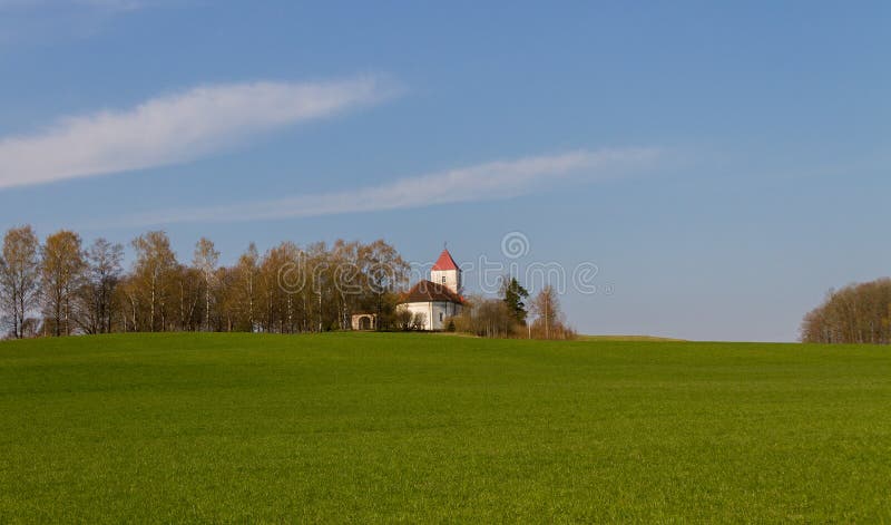 Small Church on a Field and Drone in a Sky. Stock Image - Image of ...