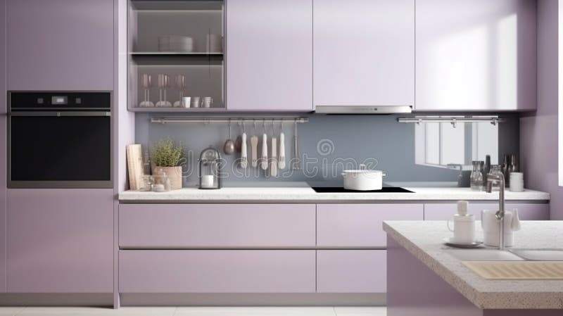 Small Clean Bright Kitchen with Purple Kitchenette. Modern Kitchen ...
