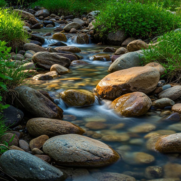 A Small, Clear Stream Flows Over Smooth, Rounded Rocks, Creating a ...
