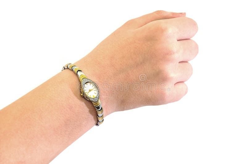 Small Clock on a Female Hand Isolated on a White Background. Stock ...