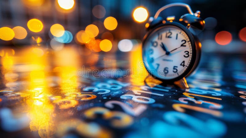 A Small Clock Sitting on a Table in Front of Numbers, AI Stock Photo ...