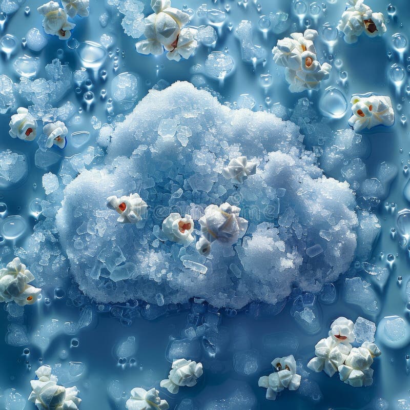 Small Cloud Made from Three Popcorn Pieces and Ice on Blue Background ...