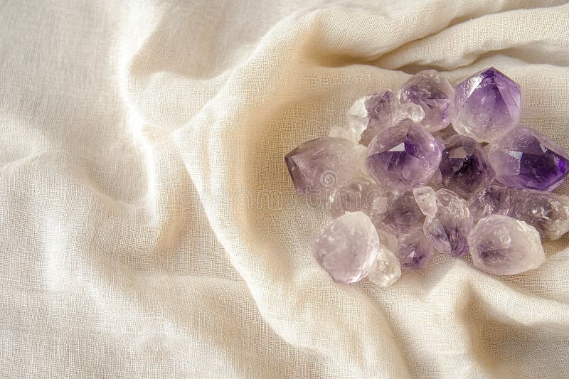 A Small Cluster of Amethyst Crystals Placed on a Light Linen Cloth ...