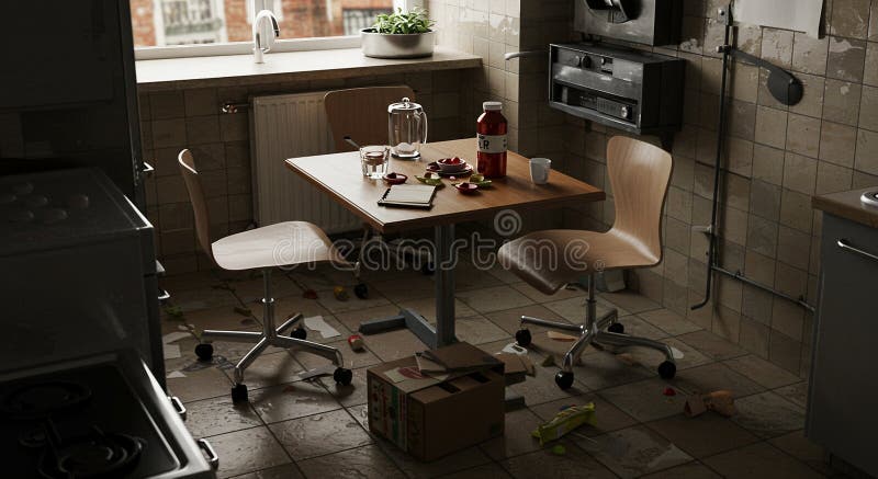 A Small, Cluttered Kitchen Features a Wooden Table with Two Chairs ...