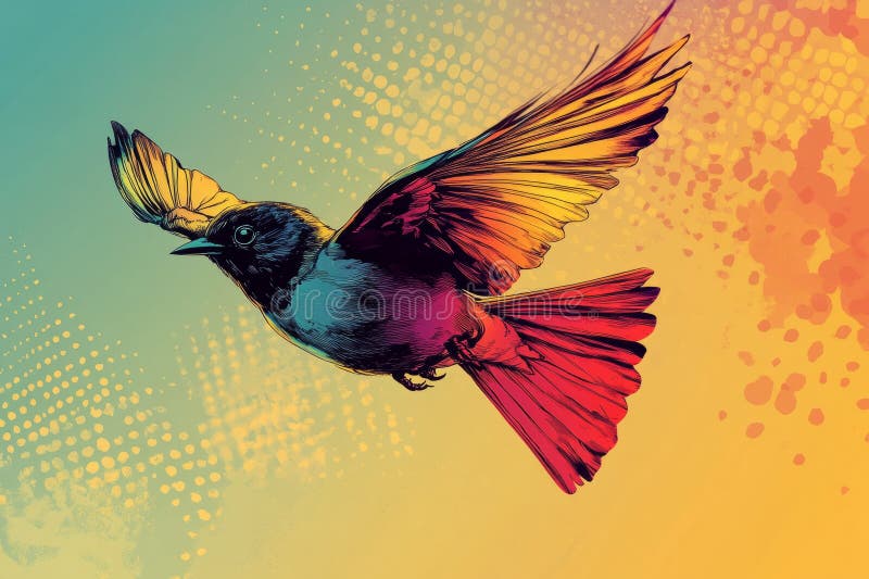Small Colorful Bird Flying with Spread Wings in a Gradient Background ...