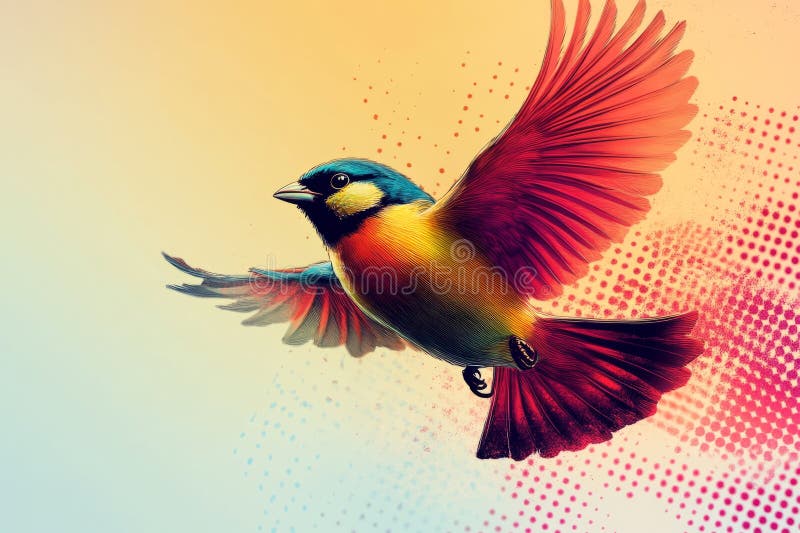 Small Colorful Bird Flying with Spread Wings in a Colorful Sky with a ...