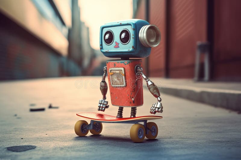 Small, Comical Robot Expertly Maneuvering on a Skateboard Representing ...
