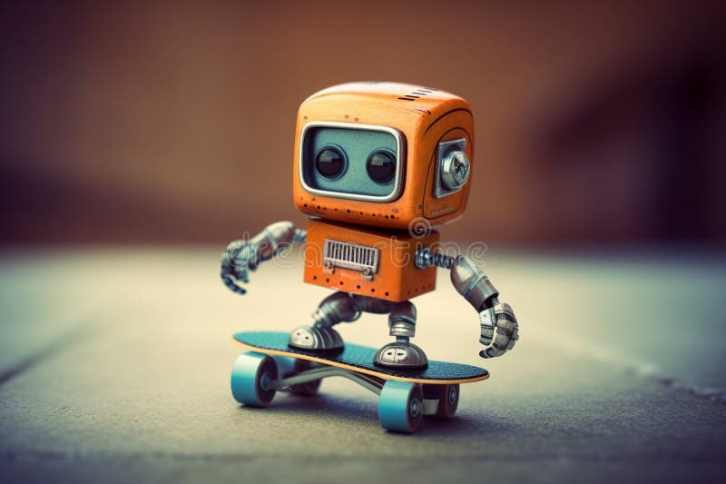 Small, Comical Robot Expertly Maneuvering on a Skateboard Representing ...