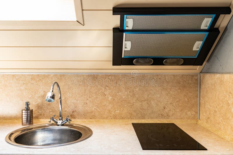 Small Compact Kitchen Space, Cooking Area Located in the Attic. Stock ...