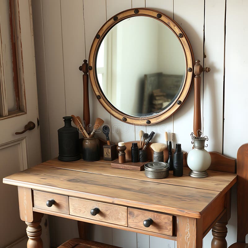 A Small Compact Vanity Table in a Dorm Room Featuring a Round Mirror ...