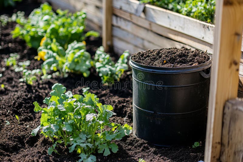 A Small Compost Bin Placed beside a Wooden Garden Bed with Fresh Soil ...
